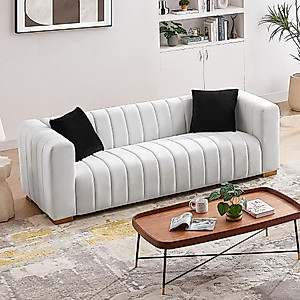 kevinplus 87.8'' Velvet Sectional Sofa Couch for Living Room, Modern Contemporary Chesterfield 3-Seat Sofa Couch for Apartment Bedroom Office, Strong Gold Metal Legs, 2 Pillows, White