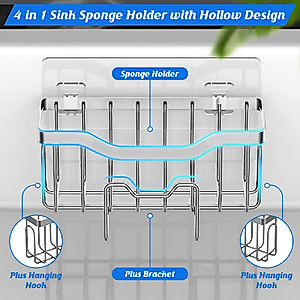 MURLONG Sink Caddy Sponge Holder for Kitchen Sink, Kitchen Sink Organizer 304 Stainless Steel for Dish Brush, Sponge, Soap Scrubber, Sink Stopper with Adhesive 2 Installation Ways-Silver