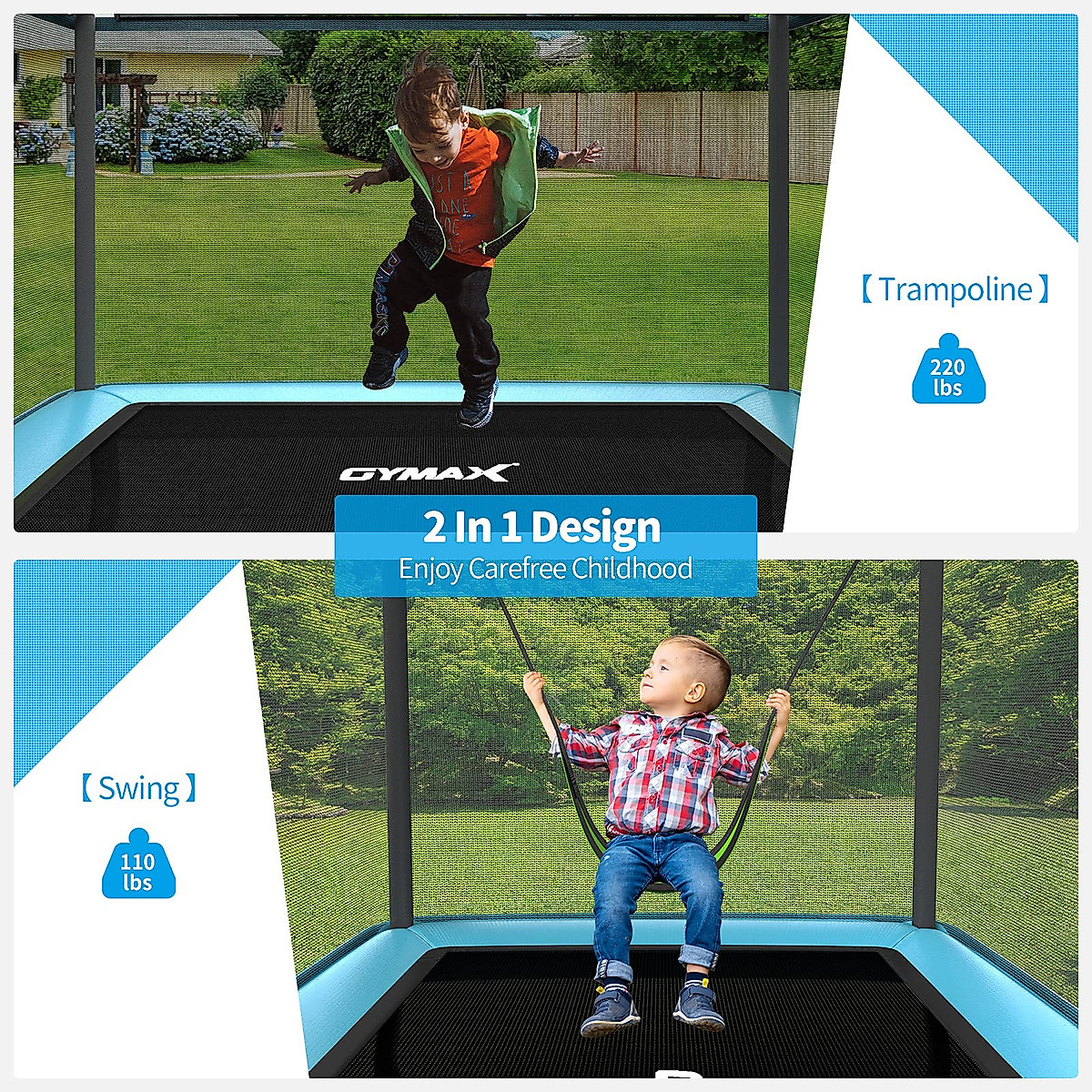 GYMAX 6FT Kids Trampoline with Swing, ASTM Approved Rectangle Recreational Trampoline with Enclosure Safety Net, Indoor/Outdoor Baby Toddler Play Combo Bounce, Birthday for Boy & Girl (Blue)