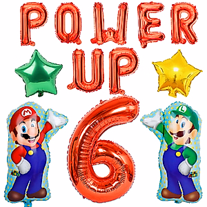 12 PCS Super Birthday Balloons Brothers theme Birthday Decoration with POWER UP Letter Balloons For Birthday Party (RED-06)