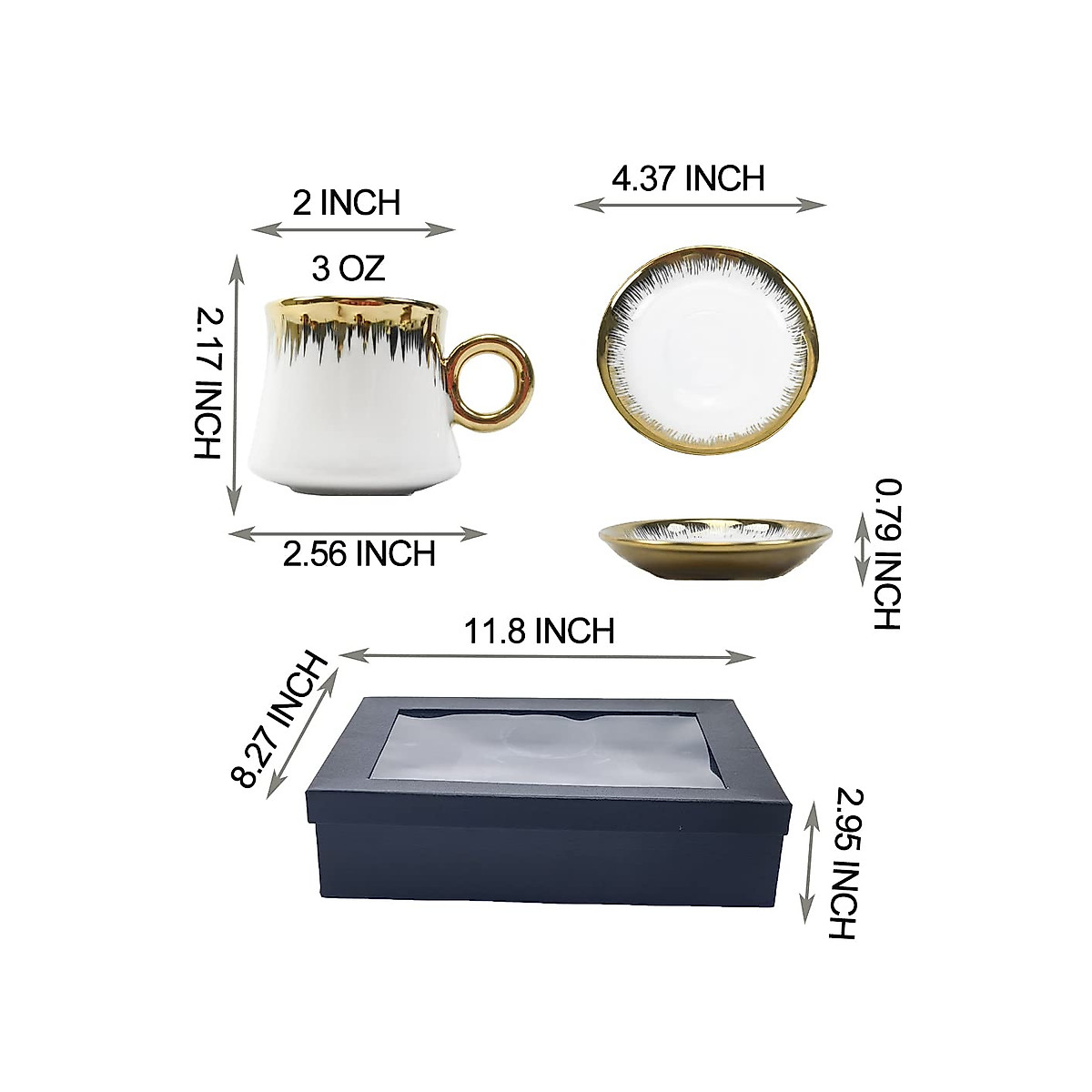 TGTAKDS Turkish Coffee Cup Set of 6 Demitasse Cups(3oz) with Golden Trim and Gift Box Espresso Cups with Saucer Sets for Festival Present