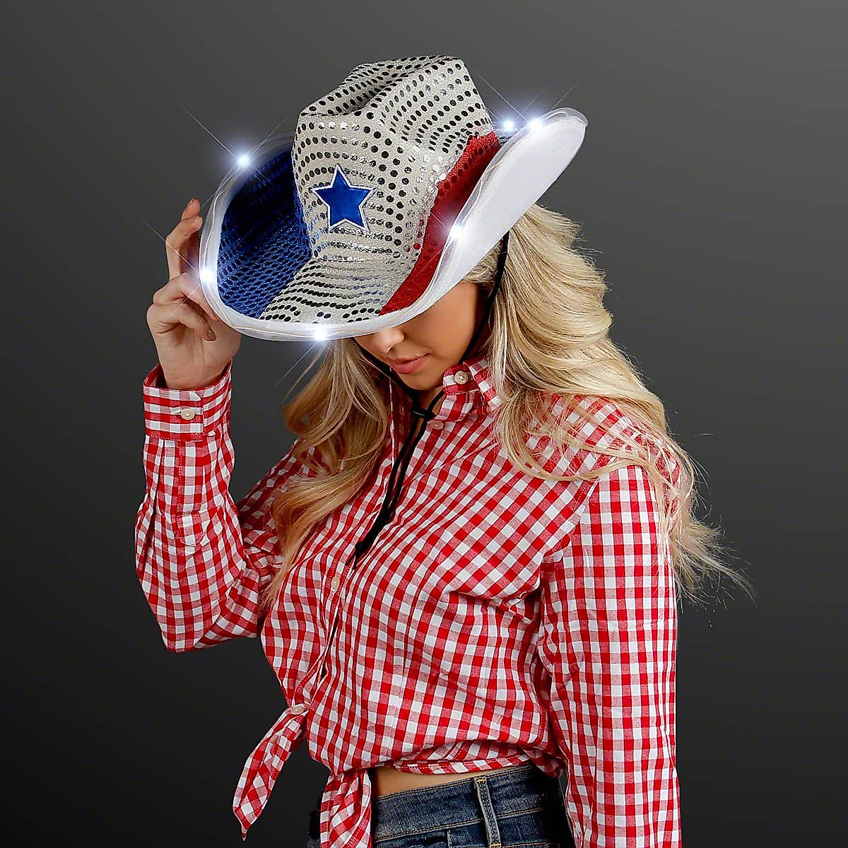 FlashingBlinkyLights Red White and Blue Sequin Light Up LED Cowboy Hat with White LED Brim