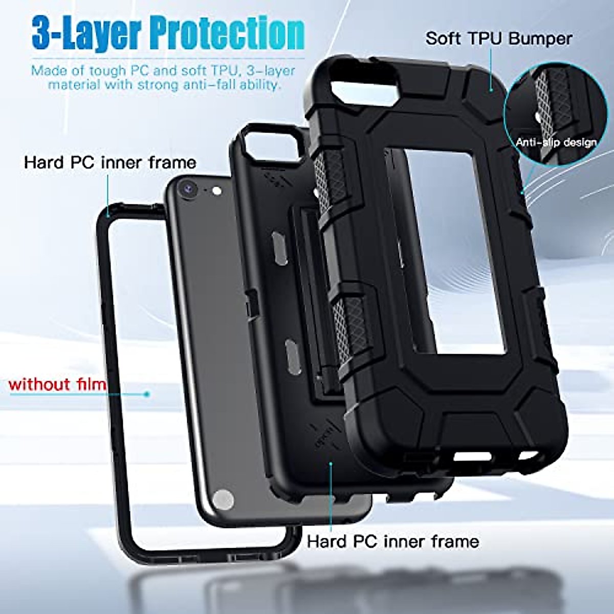 ZoneFoker for iPod Touch 7th Generation Case, iPod Touch 6th / 5th Generation Case Heavy Duty Shockproof Rugged Cover for Apple iPod Touch 7/6/5 Generation Case Black