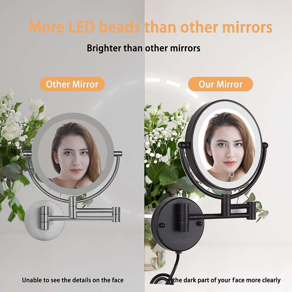 Wall Mounted Lighted Makeup Vanity Mirror 8 Inch Double Sided 1X 10X Magnifying Bathroom Mirror, Touch Screen Dimming, Extended Arm 360 Rotation Shaving Light up Mirror, Black