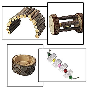 Hamiledyi Dwarf Hamster Activity Playground Natural Wood Gerbil Climbing Platform Mice Living Gym System Set Syrian Exercise Cage Accessories with Lava Stone String Chewing Toy Ladder Bridge Ramp