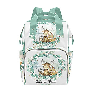 Woodland Animals Fox Deer Personalized Diaper Backpack with Name,Custom Travel DayPack for Nappy Mommy Nursing Baby Bag One Size