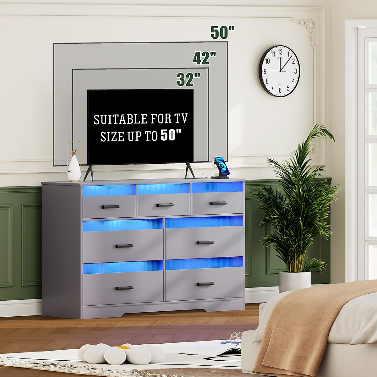 Dystler 7 Drawers Dresser for Bedroom, Large Chest of Drawers with LED Light, Modern Dresser with USB & Type-c Charging Ports, Wood Dresser Organizer for Bedroom, Living Room, Hallway, Grey