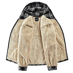 Elesuit Men's Flannel Shirt Jacket Fleece Lined Plaid Coat Full Zip Up Hoodie Winter Outwear Black X-Large