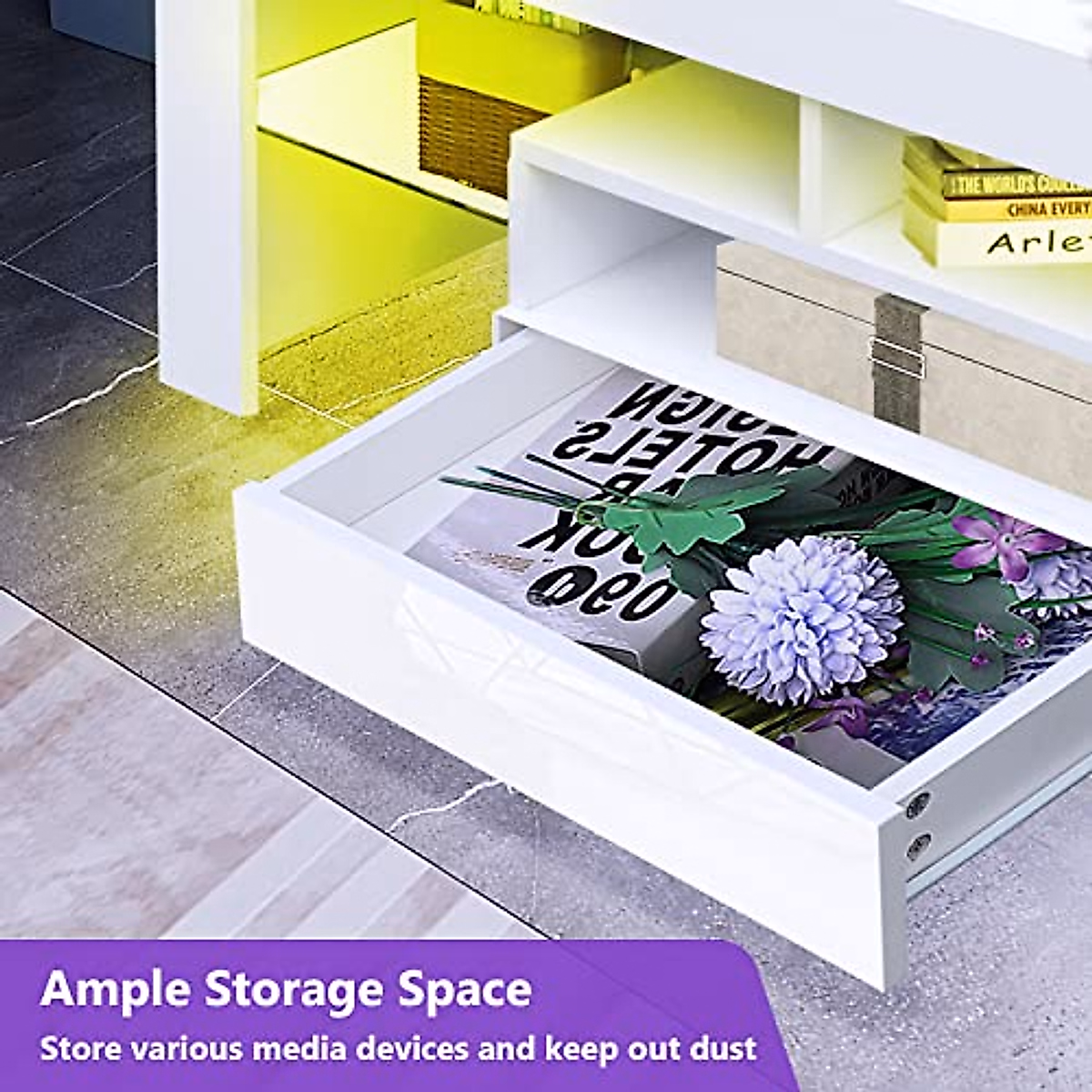 TV Stand with LED Lights for 60/65/70 Inch TV, Modern Gaming Entertainment Center, High Gloss Television Stands Media Console with Glass Shelves and 2 Drawers for Living Room, Bedroom, White