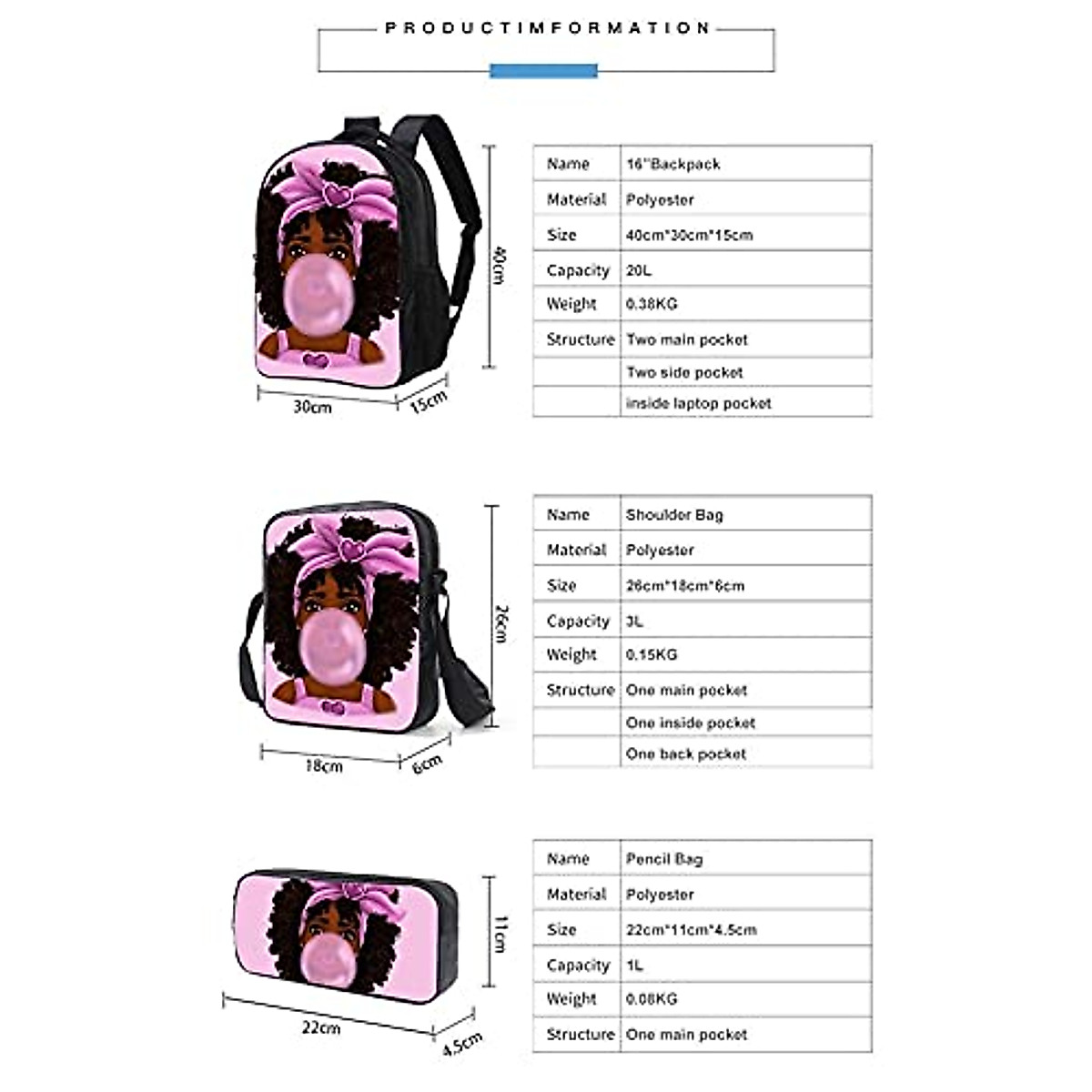 Children's Backpack-African Girl 3D Printed School Bag Set Childrens Backpacks With Shoulder Bag Pencil Bag Set 3pcs Set