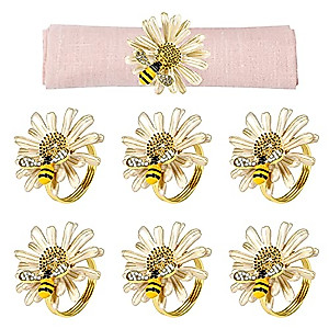 Kesote Daisy Sunflower Napkin Rings Set of 6, Gold Bee Napkin Ring Holders for Formal or Casual Dinning Table Decor