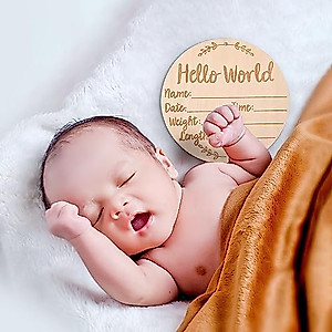 Baby Announcement Sign, 5.9 inch Double Side Wooden Birth Announcement Sign with Ink Pad for Baby Hand and Footprints for Hospital Hello World Newborn Announcements