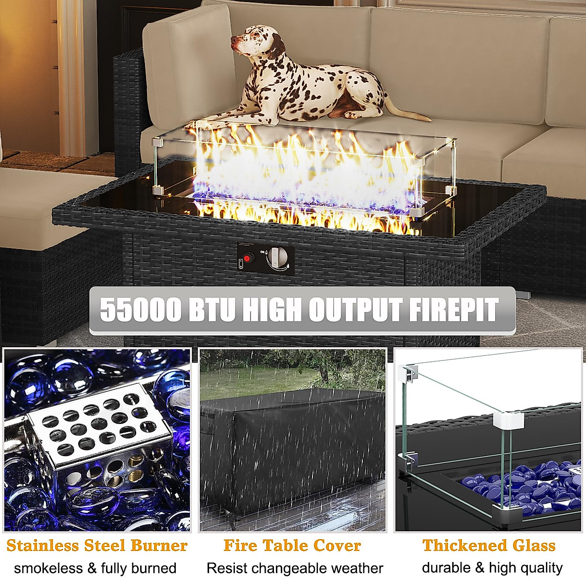 LayinSun 7 Pieces Outdoor Patio Furniture Set with 44" Fire Pit Table Rattan Sectional Sofa Conversation Sets