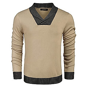 COOFANDY Mens Shawl Collar Knitted Sweater Casual Long Sleeve Pullover Khaki