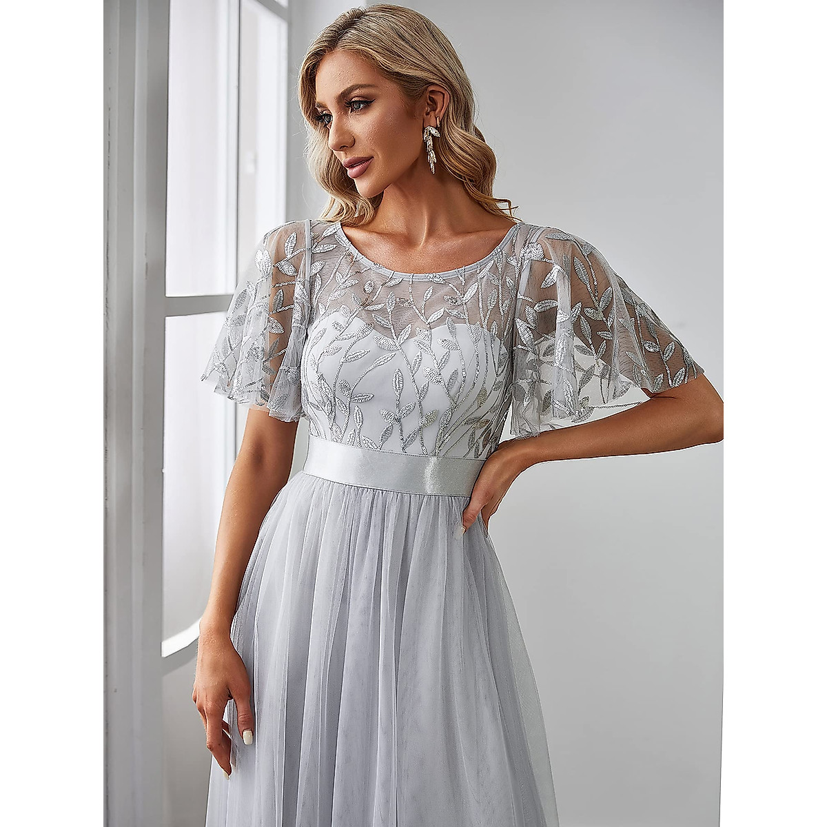 Ever-Pretty Women's Formal Dresses Crew Neck Sequin Ruffle Sleeve Empire Waist Beaded Long Evening Dresses Grey US16