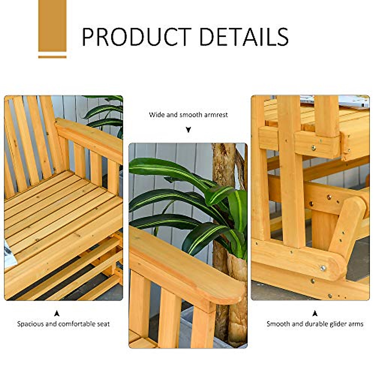 Outsunny 2-Person Outdoor Glider Bench, Wood, Quick Drying, Wide Armrest, Rocking Chair Loveseat for Backyard Garden Porch, Natural