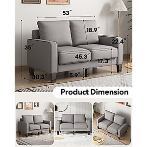 Small Modern Loveseat Couch Sofa - Fabric Upholstered 2 Seat Sofa, Solid Wood Leg, Ultra Thick Cushion, Seats Storage, Compact Small Space Furniture, Living Room, Apartment, Light Gray