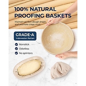Lorzon Banneton Proofing Basket Set of 2, 10 Inch Round & Oval Cane Bread Proofing Baskets with Sourdough Bread Baking Supplies, Bread Making Kit