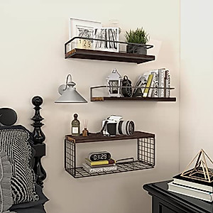Floating Shelves Wall Mounted with Storage Basket and Protective Guards,Bathroom Shelves Over Toilet,Rustic Wood Shelves for Bedroom,Living Room,Kitchen,Wall Decor,Plants,Books-Dark Brown