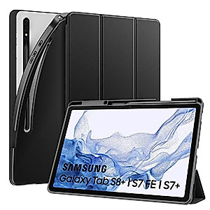 MoKo Case Fits Samsung Galaxy Tab S8 Plus 12.4 Inch 2022 (SM-X800/SM-X806) /S7 FE 2021/S7 Plus 2020, Shockproof Full Body Trifold Stand TPU Back Cover Case with Pen Holder Slot/Auto-Wake, Black