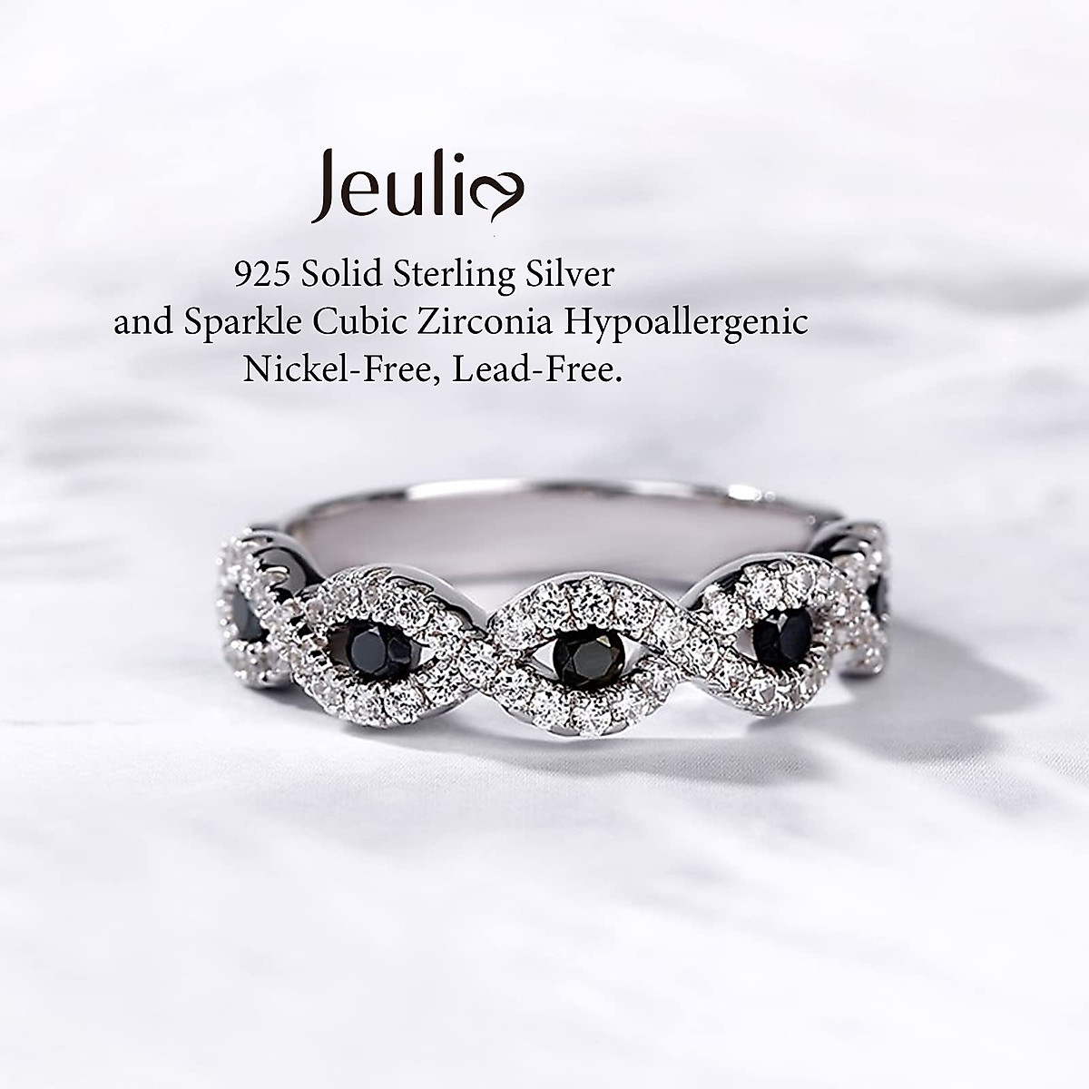 Jeulia Engraved Half Eternity Wedding Band Sterling Silver Sapphire Blue Stackable Engagement Rings White Diamond Cubic Zirconia CZ Anniversary Promise Rings with Jewelry Box (Black, 6.5)