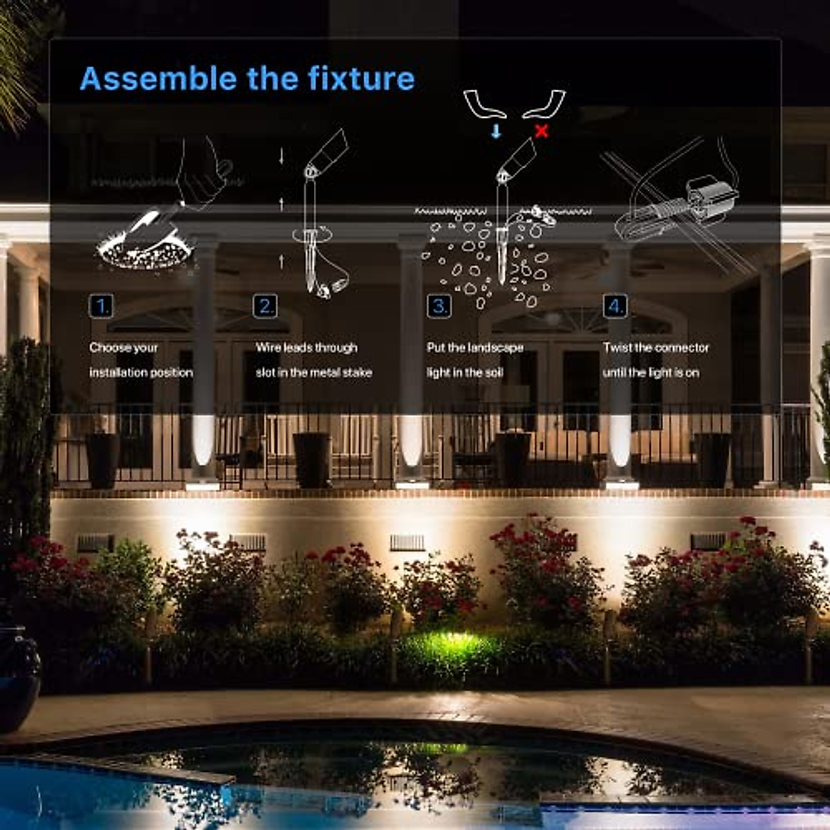 GOODSMANN 8PK Low Voltage Landscape Lighting Kits 8PK Floodlight & Spotlight 3W LED 200 Lumen Replaceable Bulbs 3000K Warm White 12V AC Tree Lights Garden Up Light Hardwired Lighting Cable Connectors