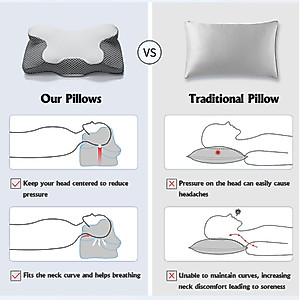 Cervical Pillow for Neck Pain Relief, Cervical Neck Pillow, Ergonomic Orthopedic Memory Foam Pillow with Pillowcase, Support Pillow for Side, Back, Stomach Sleepers (Gray)