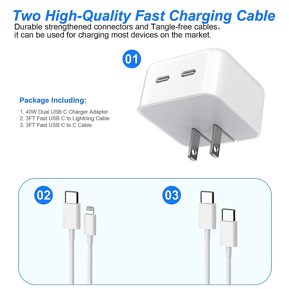 iPhone 15 Charger, 40W Fast Dual USB C Charger Adapter[MFi Certified] 2Port Apple Charger Foldable Plug with 2Pcs USB-C to C/Lightning Fast Charging Cable for iPhone 15/14/13/12/11,iPad Pro/Mini/Air