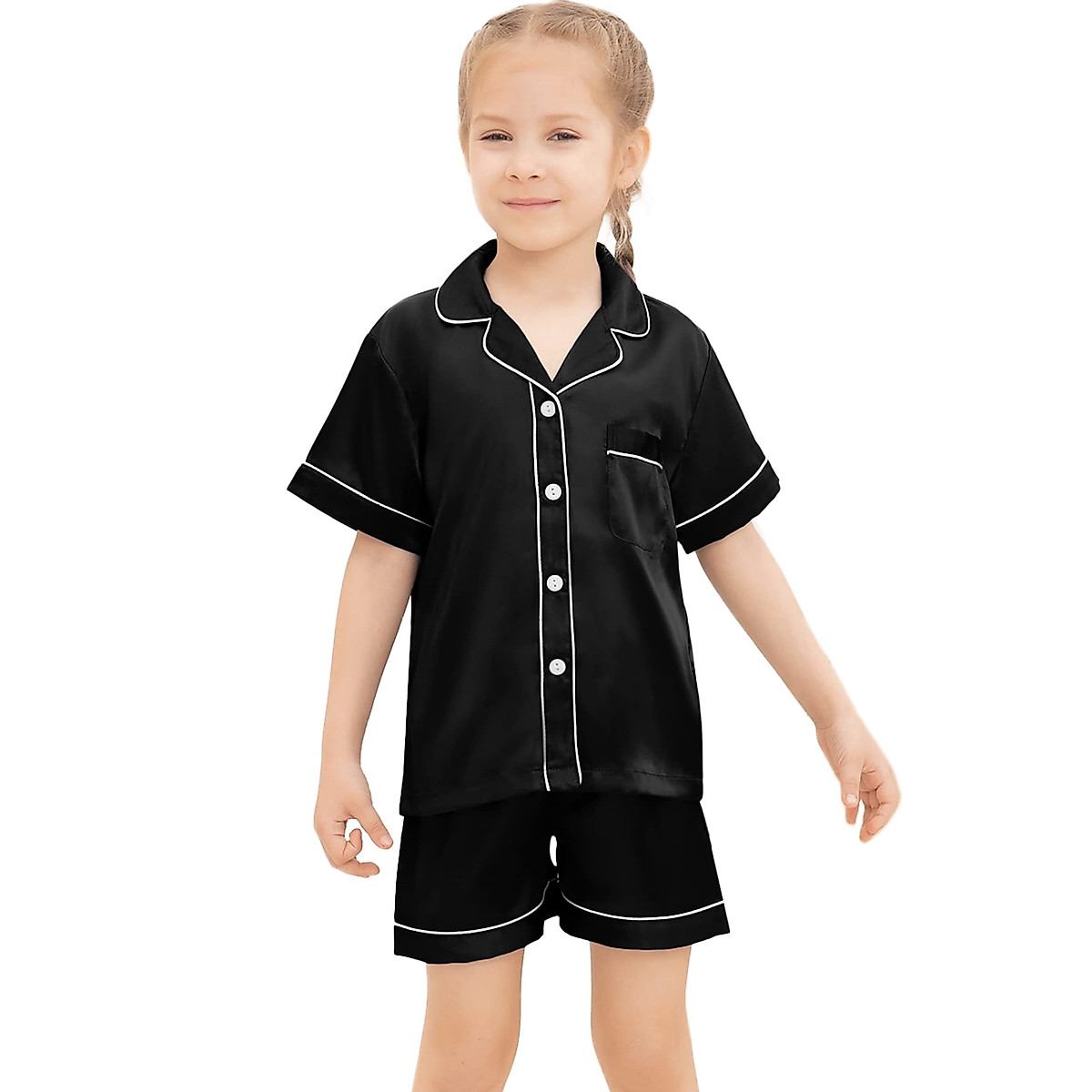 SWOMOG Kids Silk Satin Pajamas Set Girls Boys Button-Down Sleepwear Short Sleeve 2 Piece PJs Sets Lounge Sets Black 120 CM