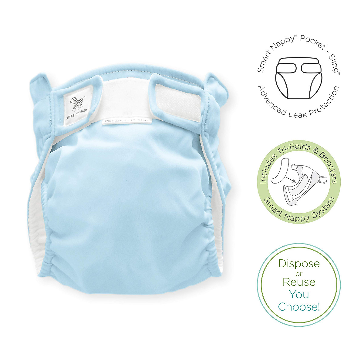 Amazing Baby Hybrid Cloth Diaper Cover with Pocket-Sling, Large, Sz 4 (22-40 lbs), Use Boosties Inserts, Pastel Blue, SmartNappy Set includes Swim Cover + Tri-fold Insert + Booster Pad