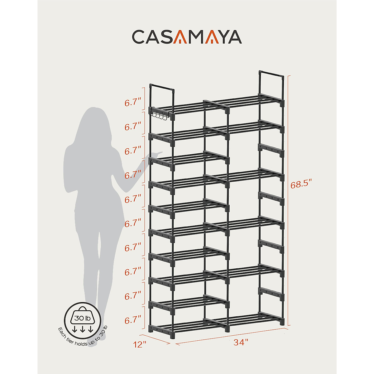 CASAMAYA Shoe Rack, 10 Tier Metal Shoe Organizer, DIY Tall Shoe Storage Shelf for 32 Pairs of Shoes and Boots, Space-Saving, Easy to Assemble, Entryway, Black SRT210B01