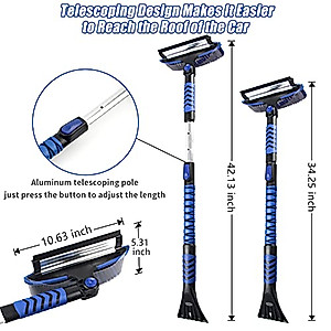 Yuntcsz 42" Snow Brush and Detachable Ice Scraper for Car Windshield with Squeegee, Extendable Aluminum Handle, 180° Pivoting Bristle Head and Foam Grip for Cars, Trucks, SUVs