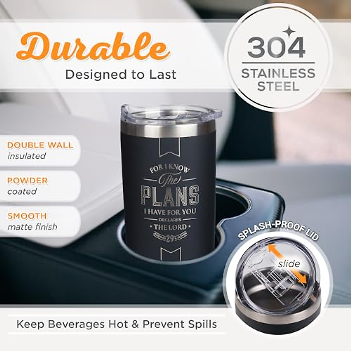 Christian Art Gifts Large Stainless Steel Inspirational Travel Tumbler for Men & Women: Know the Plans Encouraging Bible Verse, Engraved Double Wall Vacuum Insulated, Lid, 24hr Hot/Cold, Black, 18 oz.