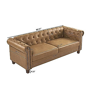 80.3'' Chesterfield Sofa, Classic 3 Seat Tufted Upholstered Couch, High-tech Fabric Sleeper Sofa with Nailhead Scrolled Arms for Living Room Apartment Office 80.31" W x 30.31" D x31.88 H (Brown)