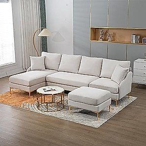 FANYHOME Wide Reversible Left or Right Sectional U-Shape Convertible Sofa 4-Seat Couch with Chaise Lounge Upholstered for Living Room, Apartment, Office, Blue Polyester Blend