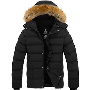 wantdo Men's Casual Bubble Coat with Fur Hood Warm Parka Jacket (Black, 2X-Large)