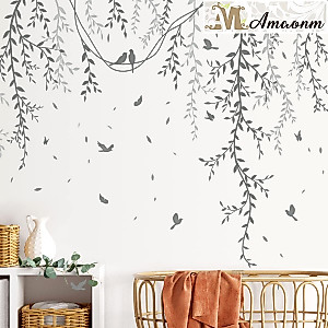 Amaonm Removable Hanging Vines Wall Stickers DIY Green Leaves Plant Grass Wall Decals Peel and Stick Flower Vine Decor for Kids Baby Girls Nursery Bedroom Living Room Offices Classroom Grey