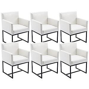 VESCASA Faux Leather Upholstered Dining Chairs with Arms, Mid Century Modern Padded Kitchen Chair with Black Metal Frame for Restaurant, Dining Room, Set of 6, White