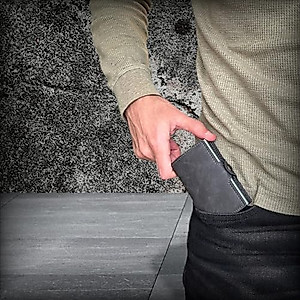 Minimalist Leather Card Holder With RFID Protection Wallet,6 cards in the sliding cover,2 interior slots for 4 cards,cash in its pressure system,0.78 x 2.67 x 3.93,Elegant black gift box (Grey)