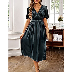 Zilcremo Women Deep V Neck Elegant Velvet Dress Bell Sleeve Lace Flowy Midi Party Dresses Greyblue S