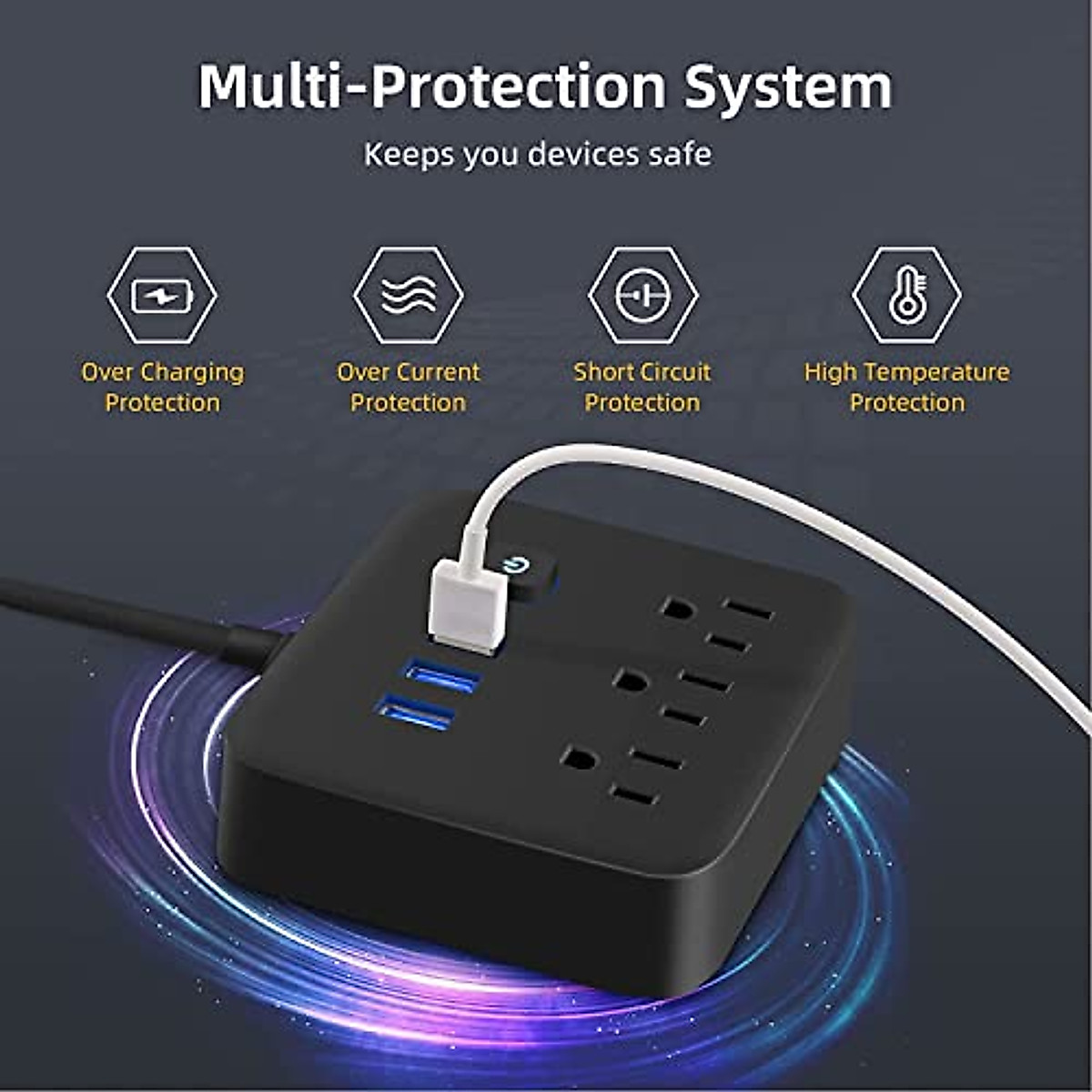 Power Strip Surge Protector USB Ports, 3 Outlets Ports Desktop Charging Station, Flat Plug, Wall Mount,4ft Braided Extension Cord,with Night Light Station for Cruise Ship,Home,Office, Black