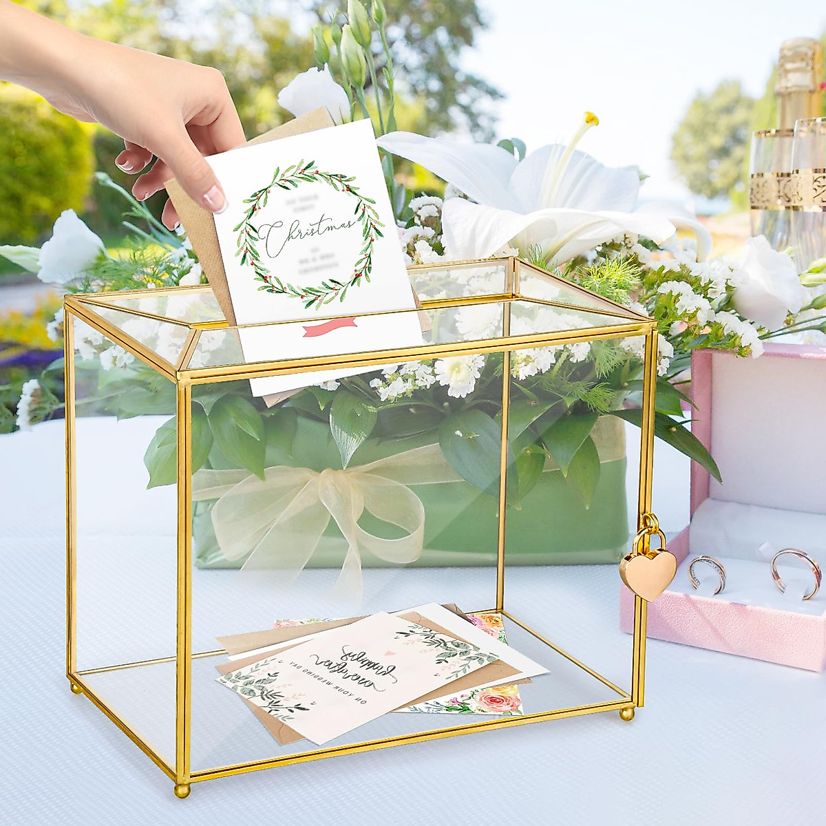 Gold Glass Card Box Wedding Card Box with Lock, Large Gift Card Box Money Box Holder for Wedding Reception, Anniversary, Birthday Party, Baby Shower, Graduation, Home Decorations