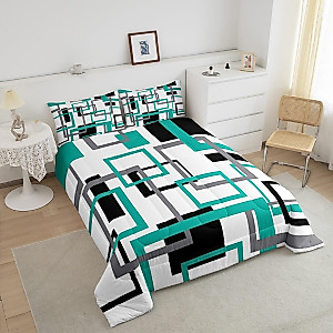 Erosebridal Square Comforter Set for Teens Youth,Black White Blue Bedding Set,Geometric Quilt Set Modern Bedroom Decor,Mid Century Grid Duvet Insert with 2 Pillowcases Lightweight Warm,Queen