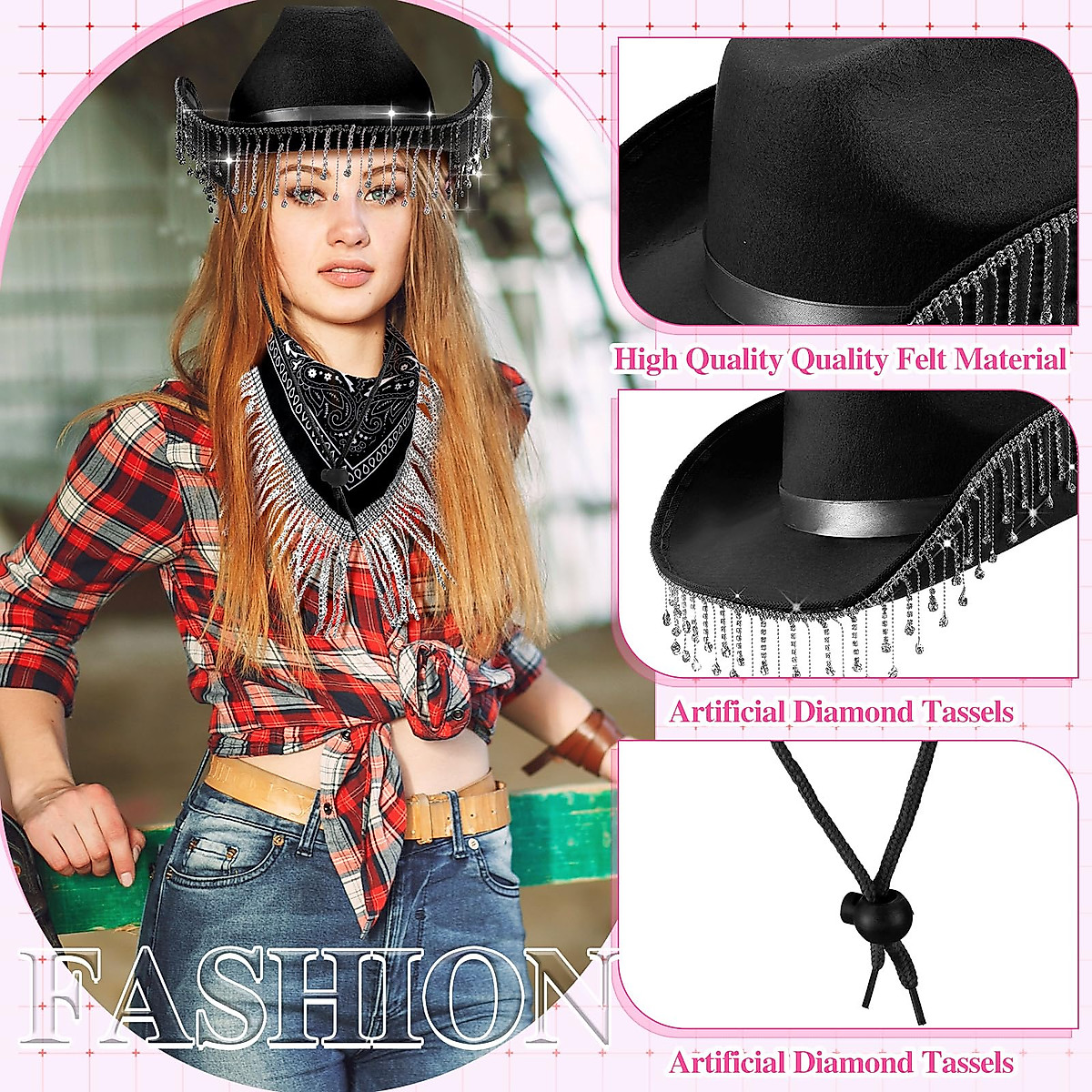 Leumoi 3 Pcs Rhinestone Cowgirl Hat with Fringe Rhinestone Bandana and Heart Sunglasses Bling Diamond Fringe Cowboy Hat (Black)