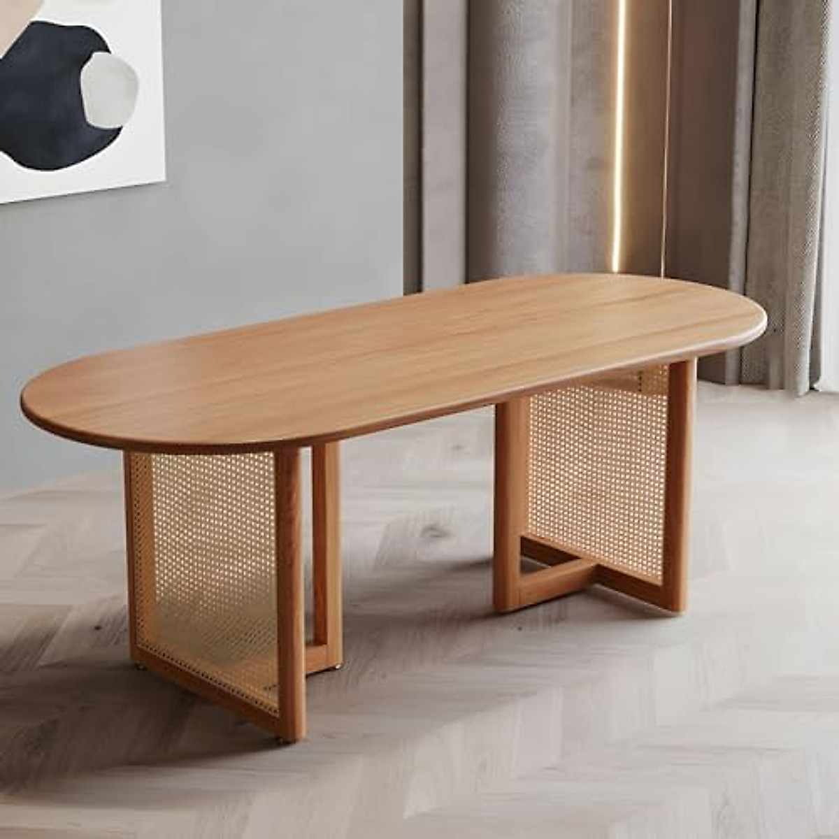 RUNNUP Modern Farmhouse Kitchen Dining Room Table Home Furniture Kitchen Table with Rattan Pedestal for Kitchen, Bar, Living Room, Breakfast Nook, Small Space, 47.2"L x 23.6"W x 29.5"H Without Chairs