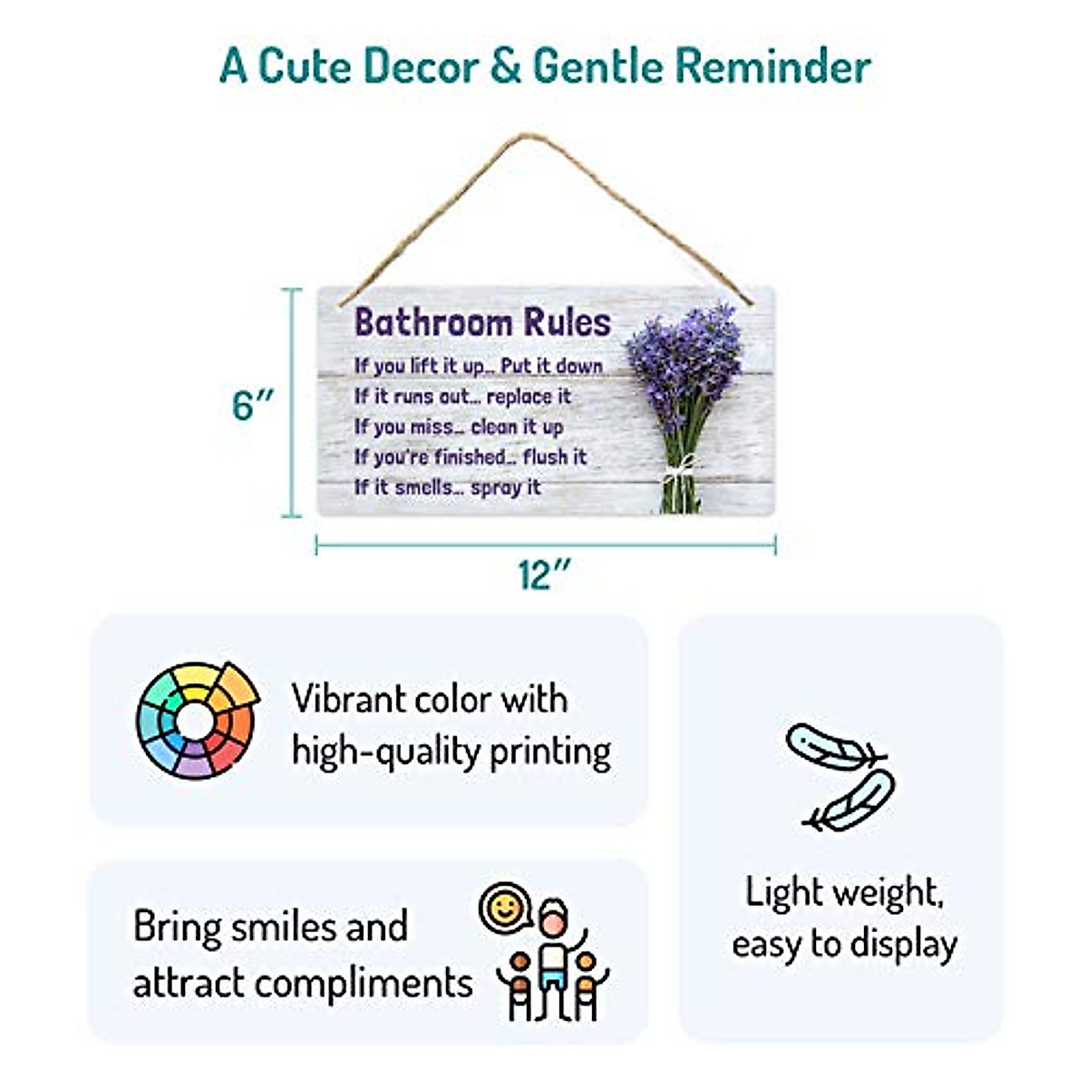 Fun-Plus Lavender Bathroom Decor, 12″x6″ PVC Plastic Wall Decoration Hanging Sign, High Precision Printing, Water and Humidity Proof, Bathroom Rules, Purple Bathroom Accessories, Lavender