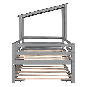 DHHU House Bed with Trundle, Window and Roof, Twin Size Low Loft Bed with Trundle, Wooden Bed Frame for Boy Girl Kids Toddler, Grey