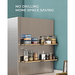 OROPY Magnetic Spice Racks for Refrigerator, Set of 4 Metal Kitchen Spice Organizer Shelf，Strong Magnetic Fridge Wood Holder