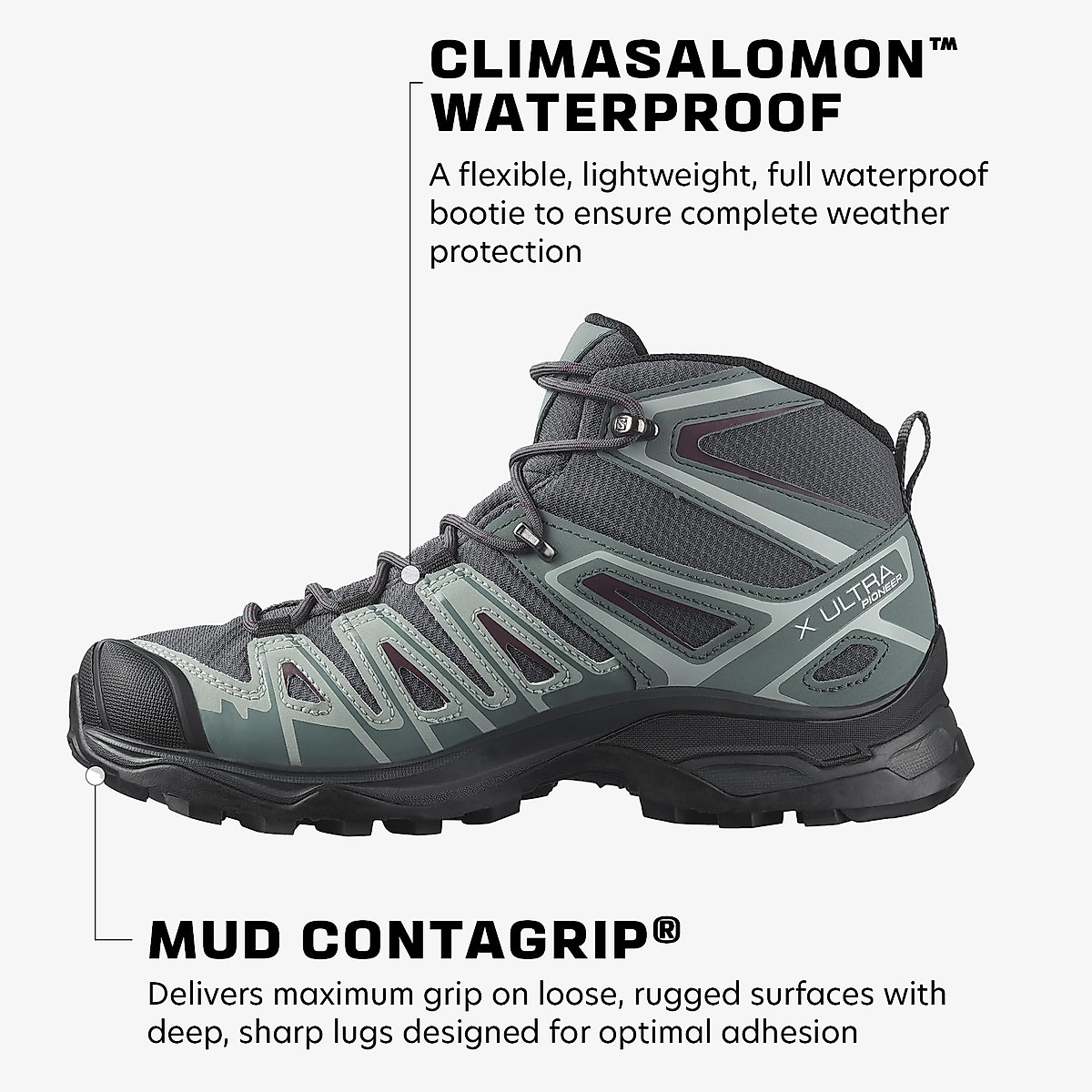 Salomon Women's X ULTRA PIONEER MID CLIMASALOMON™ WATERPROOF Hiking Boots for Women, Ebony / Stormy Weather / Wine Tasting, 6.5