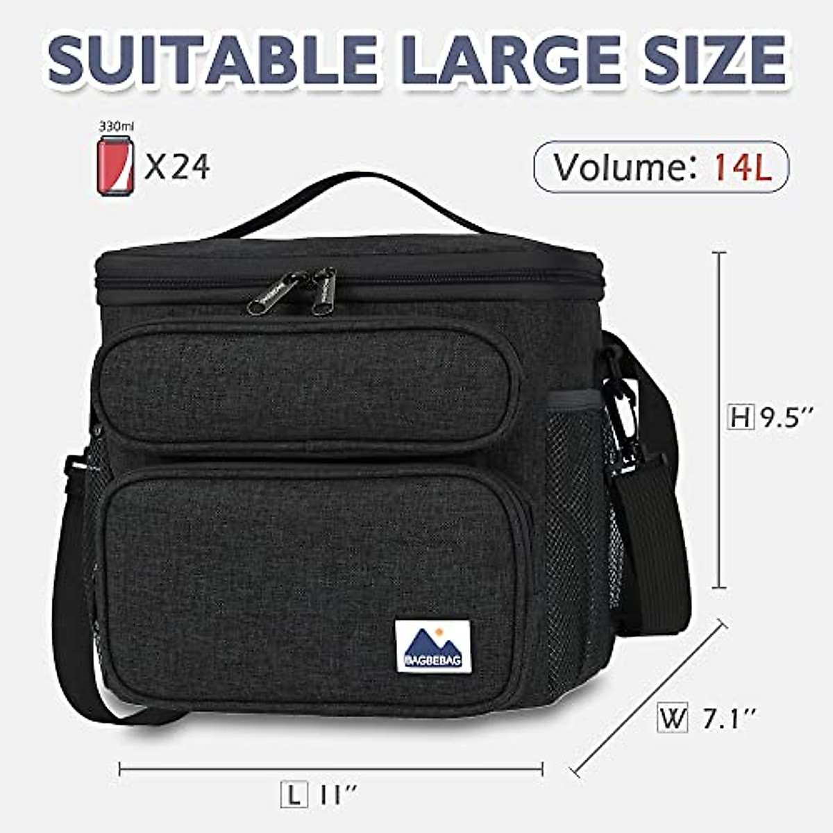 BAGBEBAG Lunch Bag for Men Women, Insulated Lunch Bag Women Man, Adult Lunch Box for Men Women, Large Lunch Bag for Office Work Picnic, Leak-proof Cooler Bag, 24-Can,14L (Black)